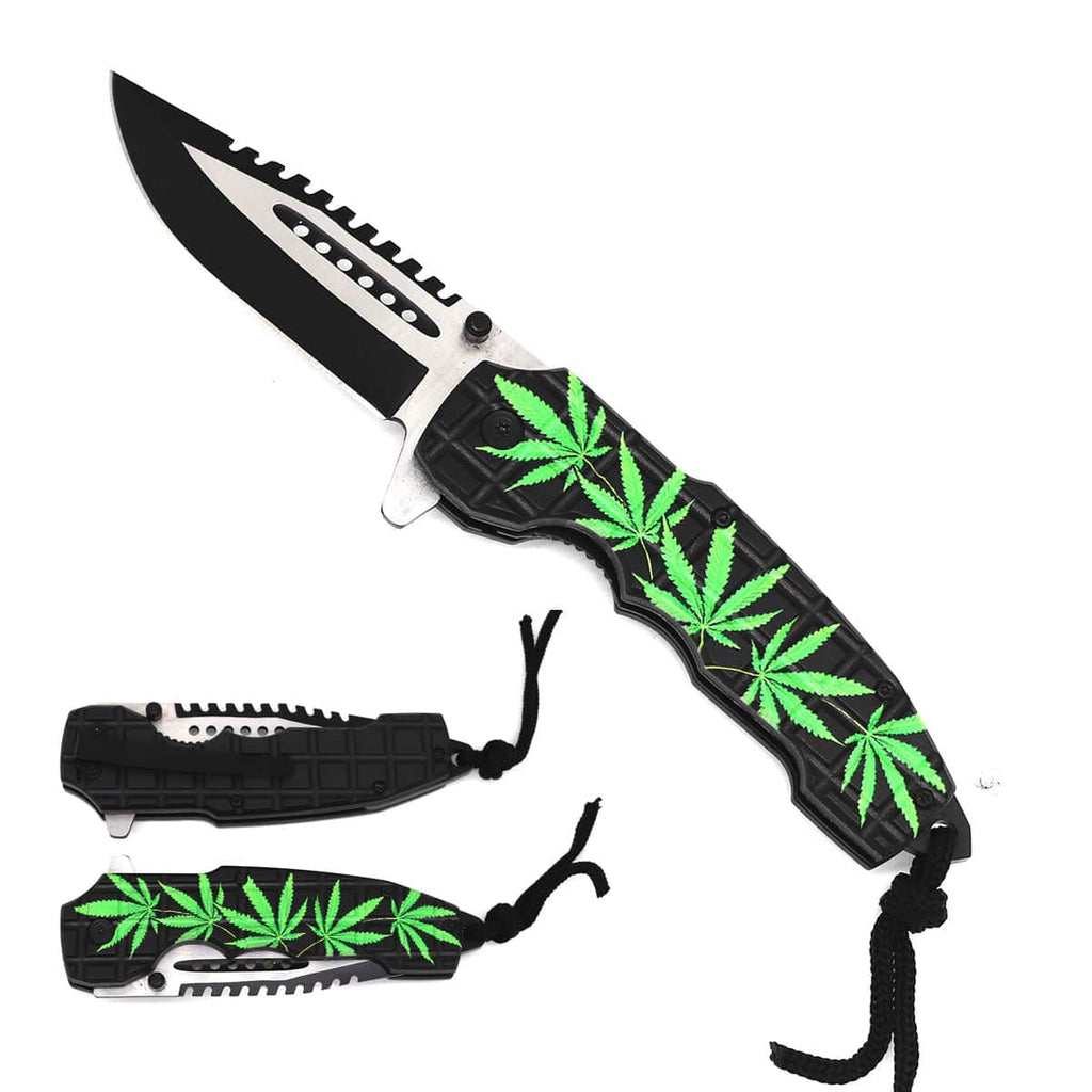 Bold '5' Marijuana Leaves Styling Knife W/ Paracord